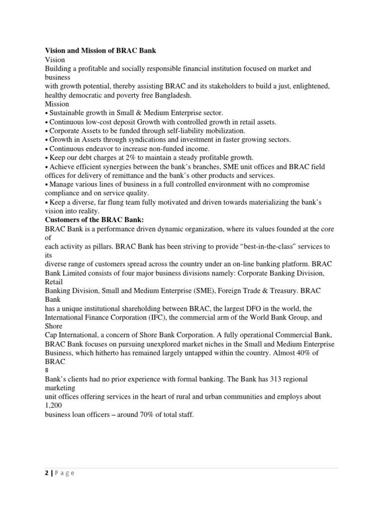 Vision and Mission of BRAC Bank | PDF