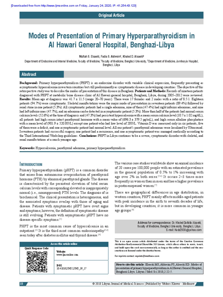 Modes of Presentation of Primary Hyperparathyroidism in | PDF ...
