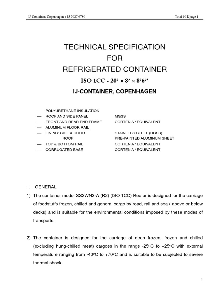 Technical Specification FOR Refrigerated Container: ISO 1CC - 20' × 8 ...