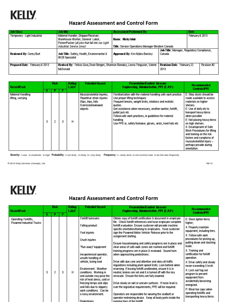 Hazard Assessment and Control Form | PDF | Forklift | Personal ...
