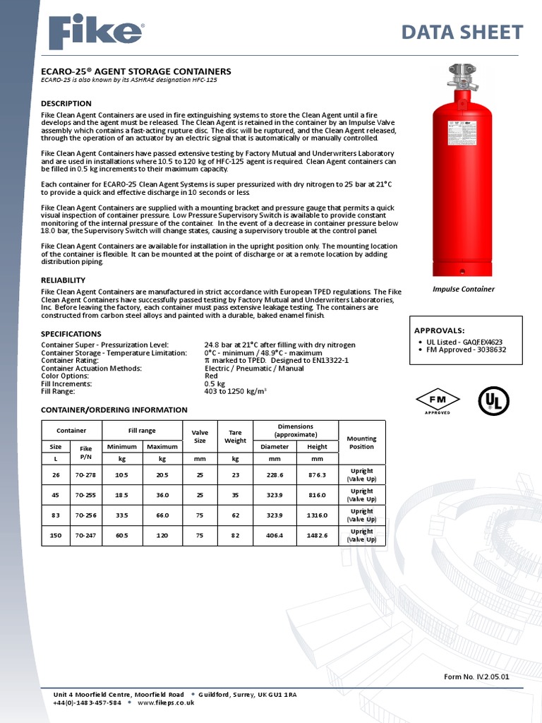 Data Sheet: Ecaro-25® Agent Storage Containers | PDF | Valve | Switch