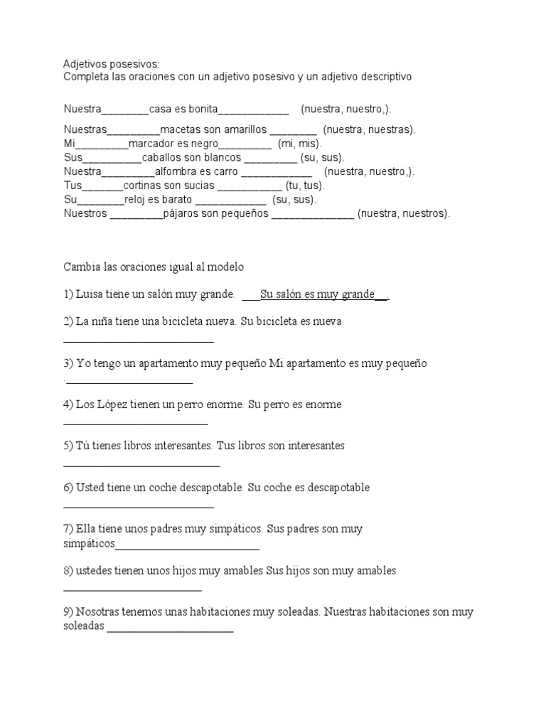 Adjetivos Posesivos Ejercicio | PDF | Ropa