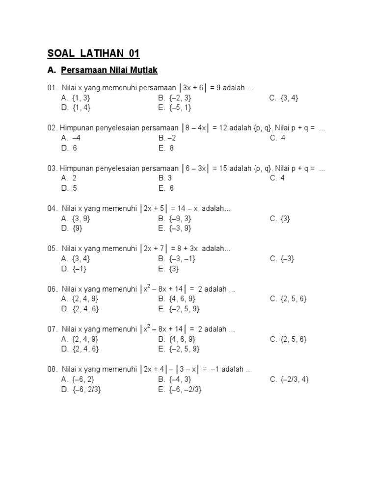 SOAL LATIHAN 01 Nilai Mutlak | PDF