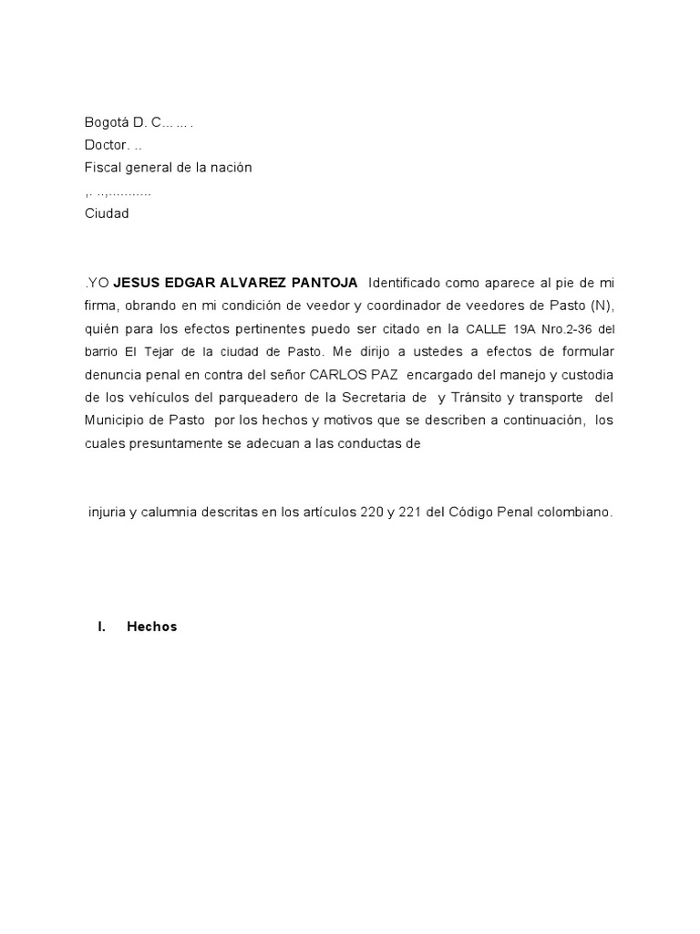 Denuncia de Injuria y Calumnia | PDF | Derecho penal | Caso de ley