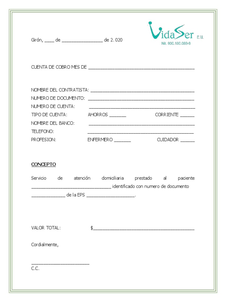 Formato Cuenta de Cobro Ops Año 2020 | PDF