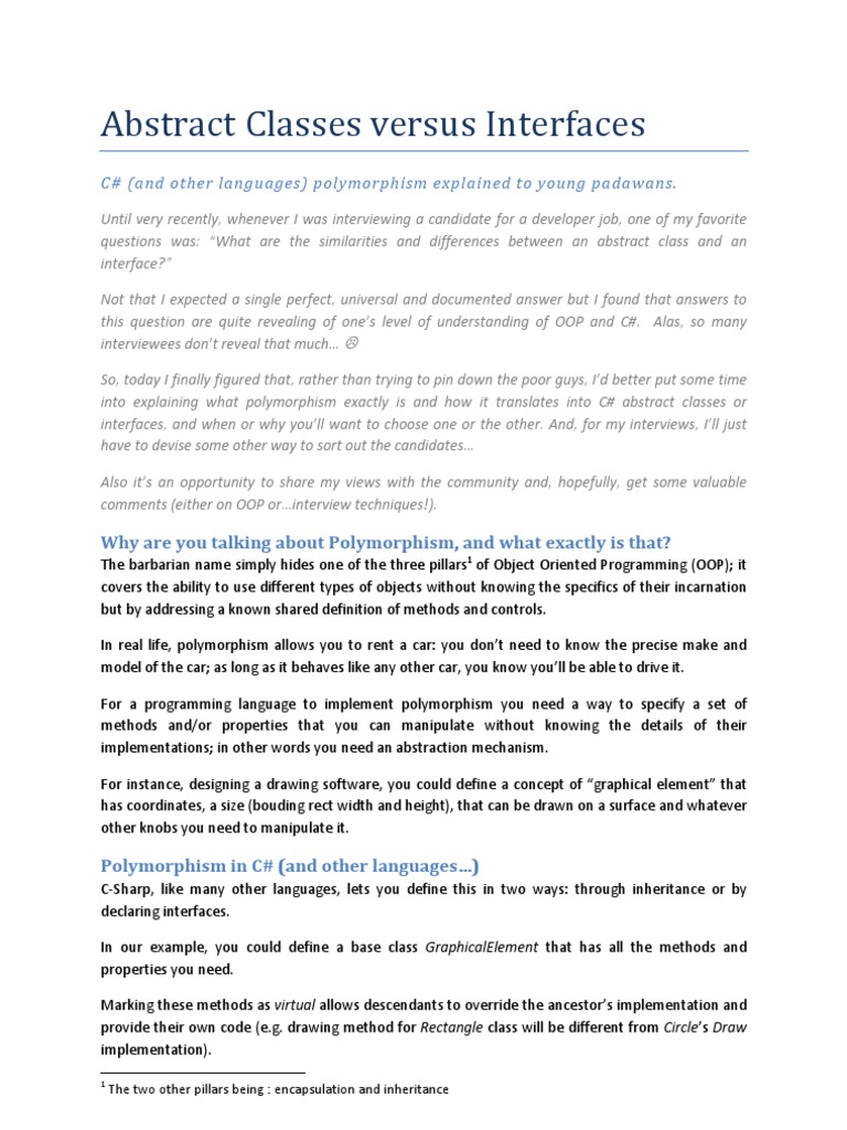 Abstract Classes Versus Interfaces: C# (And Other Languages) Polymorphism Explained To Young ...
