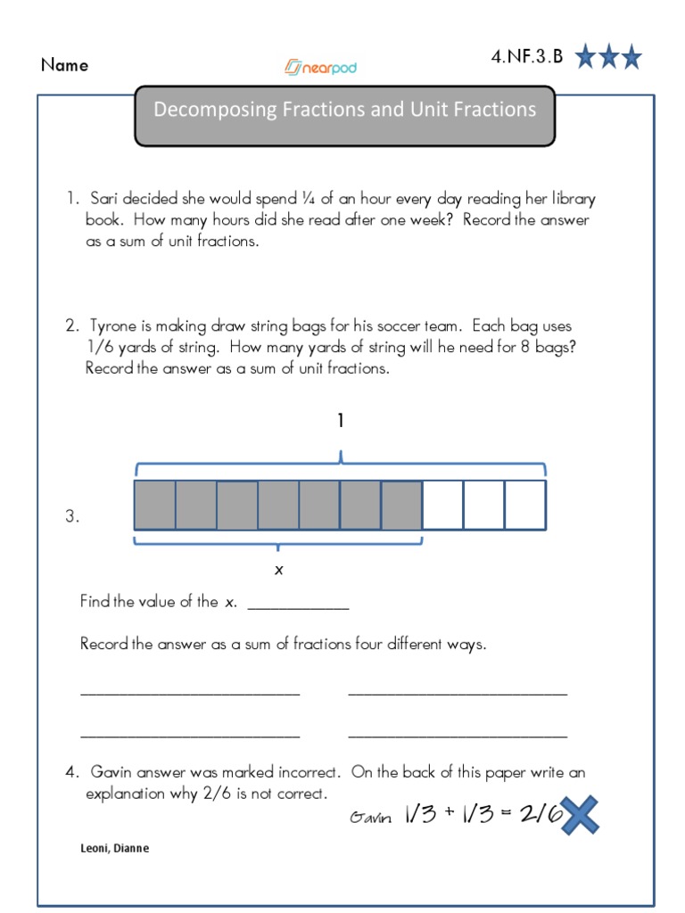 Decomposing Fractions and Unit Fractions: Name 4.NF.3.B | PDF ...