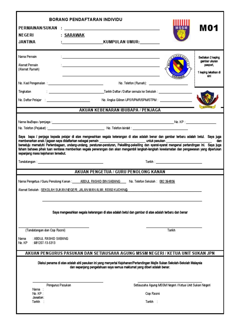 Borang Mo1 Edit SSNTJ Logo MSSM & MSSS | PDF