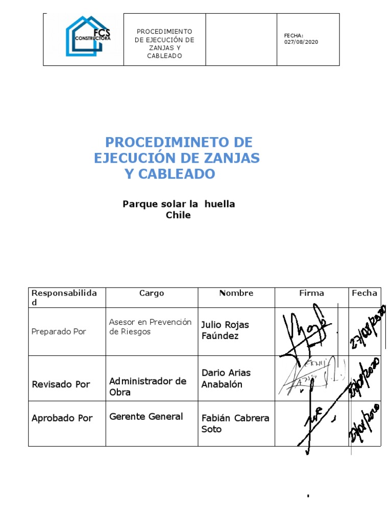 Procedimiento de Trabajo Excavacion Tendido de Cable LV y Solar Brum ...