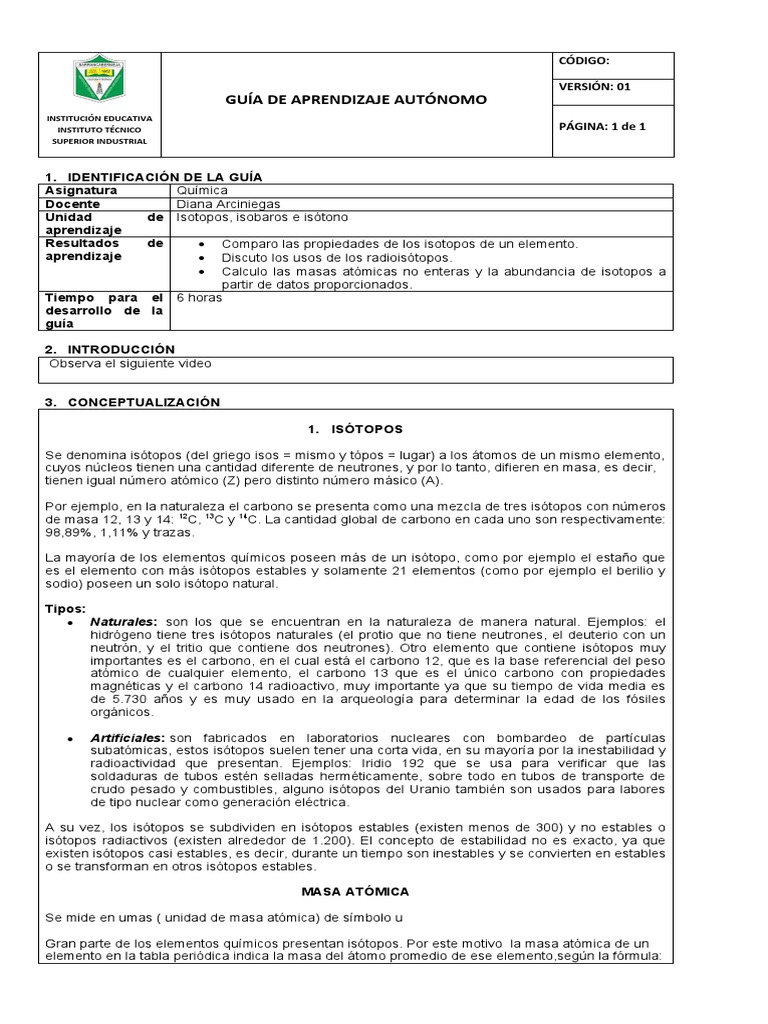 Guía De Aprendizaje Autónomo Sobre Isótopos Isobaros E Isótonos Pdf