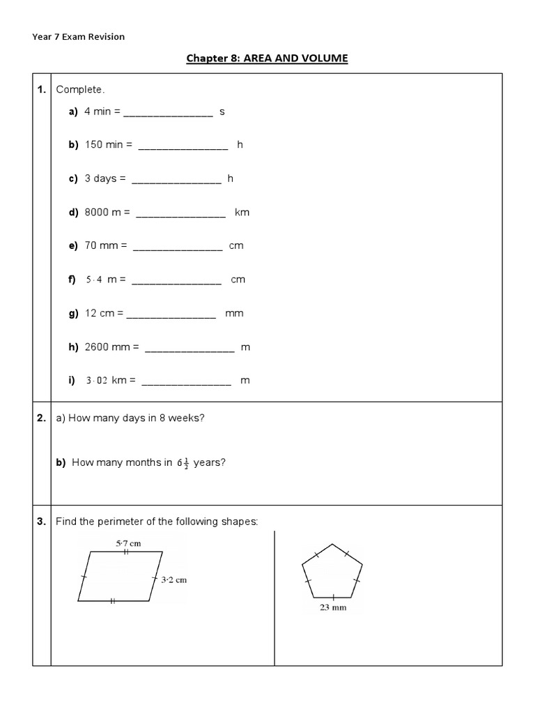 Chapter 8: Area and Volume: Year 7 Exam Revision | PDF | Litre | Area