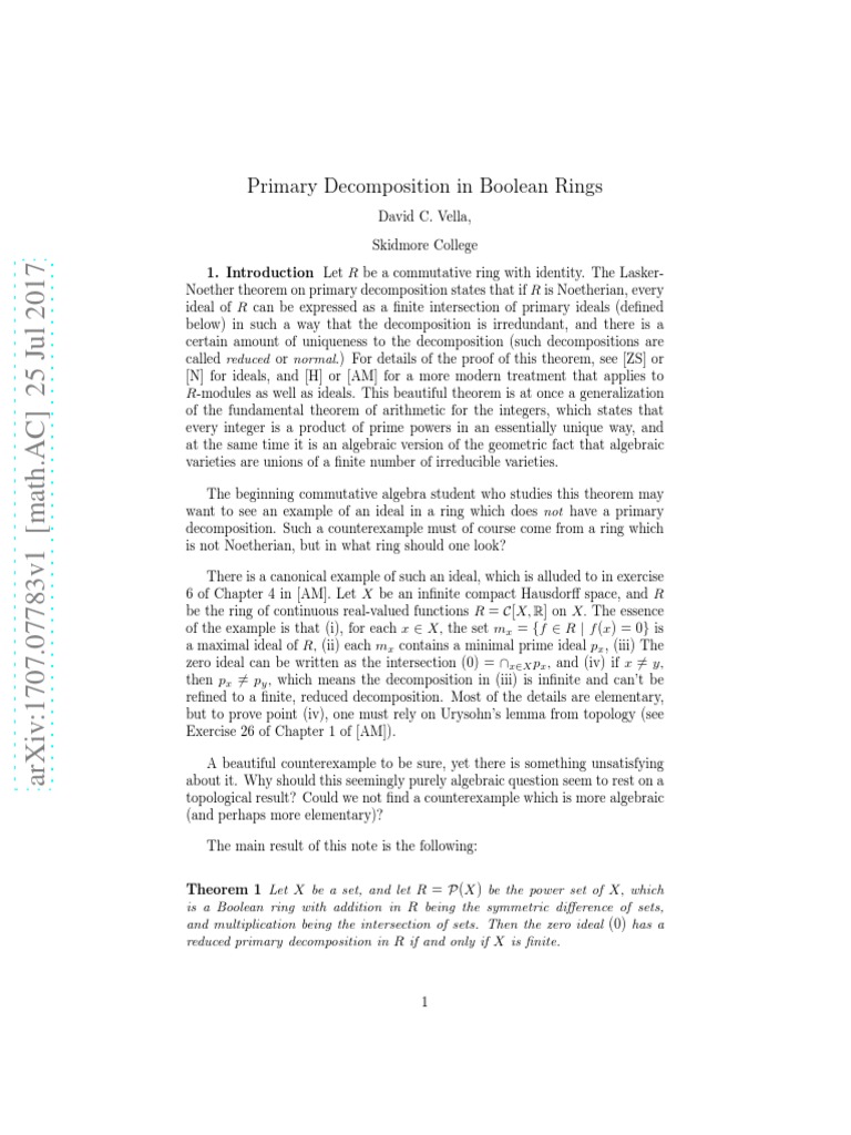 Primary Decomposition In Boolean Rings X X X X X X X Y Pdf Ring Mathematics Abstract