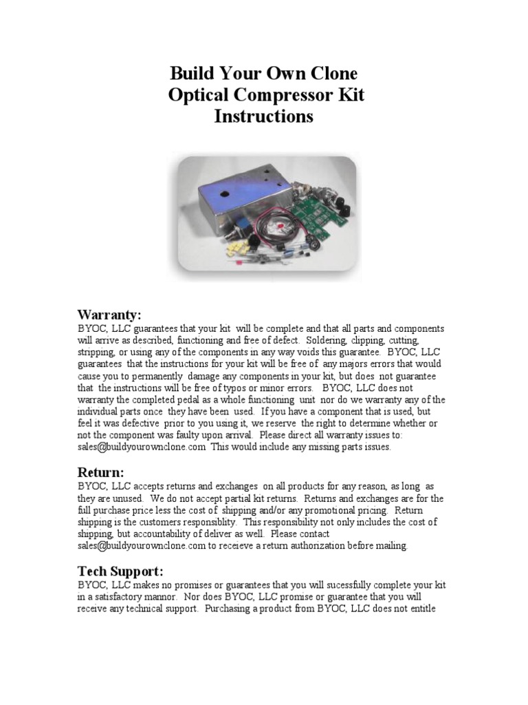 Build Your Own Clone Optical Compressor Kit Instructions: Warranty ...