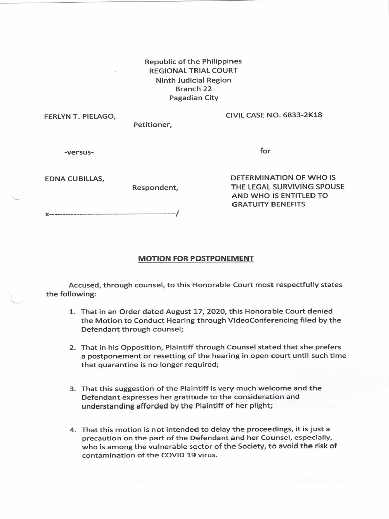 Motion For Postponement - Resend PDF | PDF