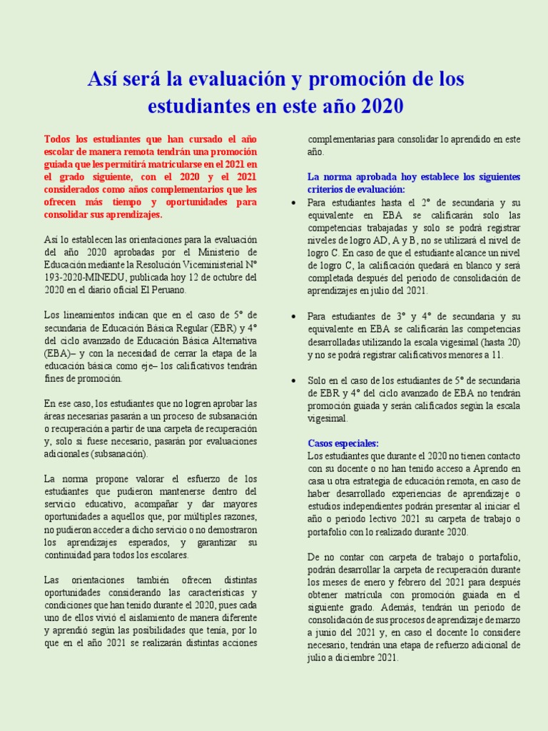 Así Será La Evaluación y Promoción de Los Estudiantes en Este Año 2020 ...