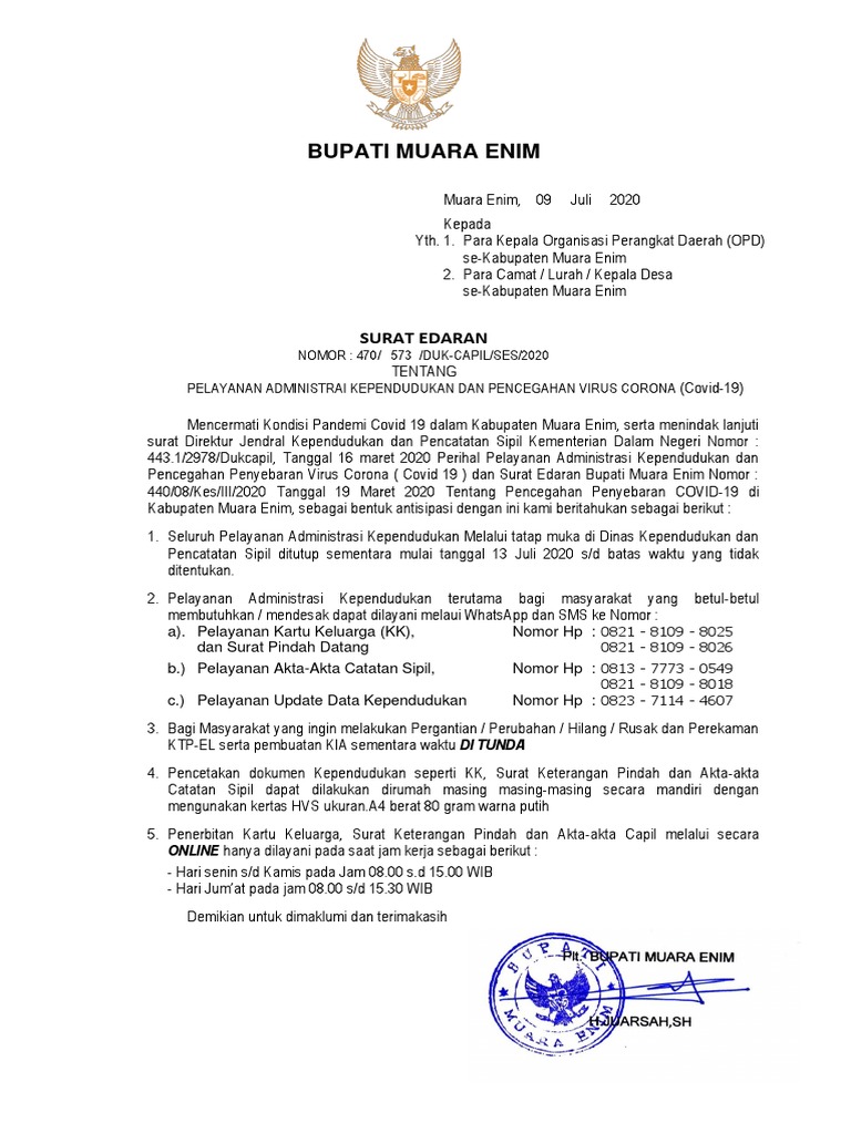 Surat Edaran Bupati Muara Enim Tahun Tahun 2020 | PDF