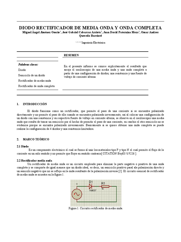 Informe Diodo Rectificador de Media Onda y Onda Completa | PDF | Rectificador | Diodo
