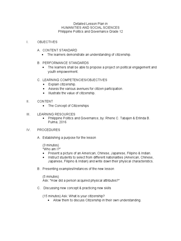 CITIZENSHIP Lesson Plan Philippine Politics and Governance | PDF ...