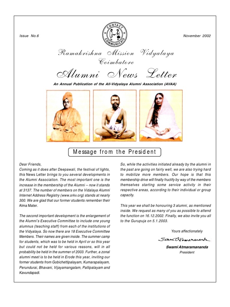 Alumni News Letter: Ramakrishna Mission Vidyalaya Coimbatore | PDF ...