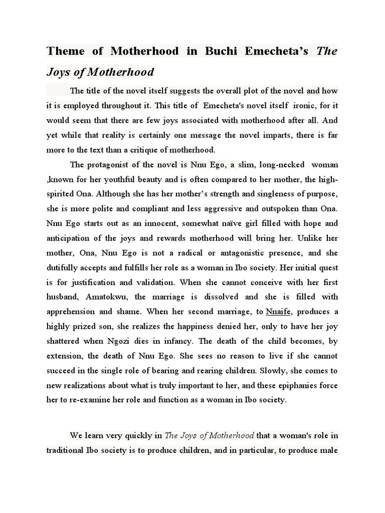 Joys of Motherhood: Theme of Motherhood in Buchi Emecheta's The | PDF ...