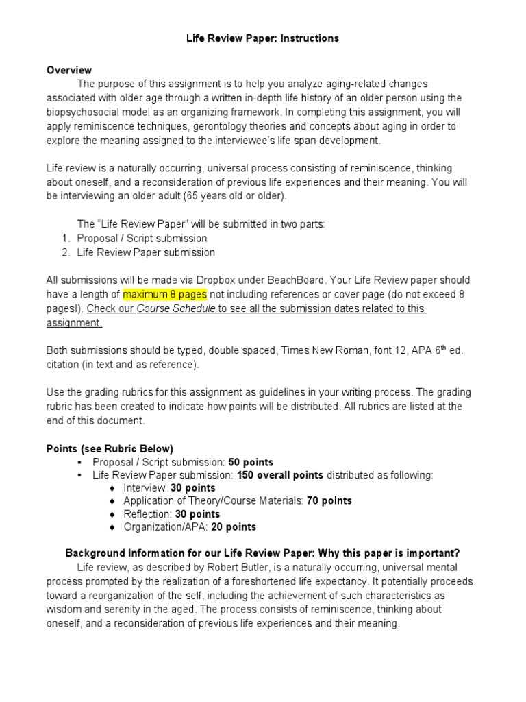 Life Review Paper Instructions Summer 2020 | PDF | Interview | Ageing