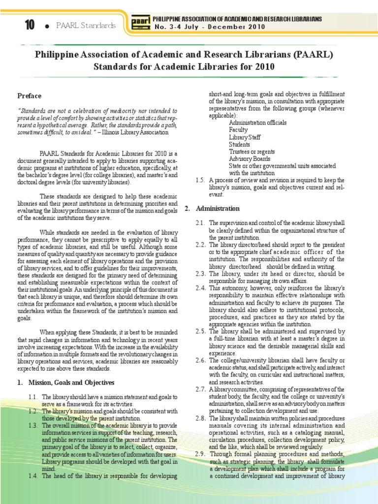 2010 PAARL Standards For Academic Libraries | PDF | Librarian ...