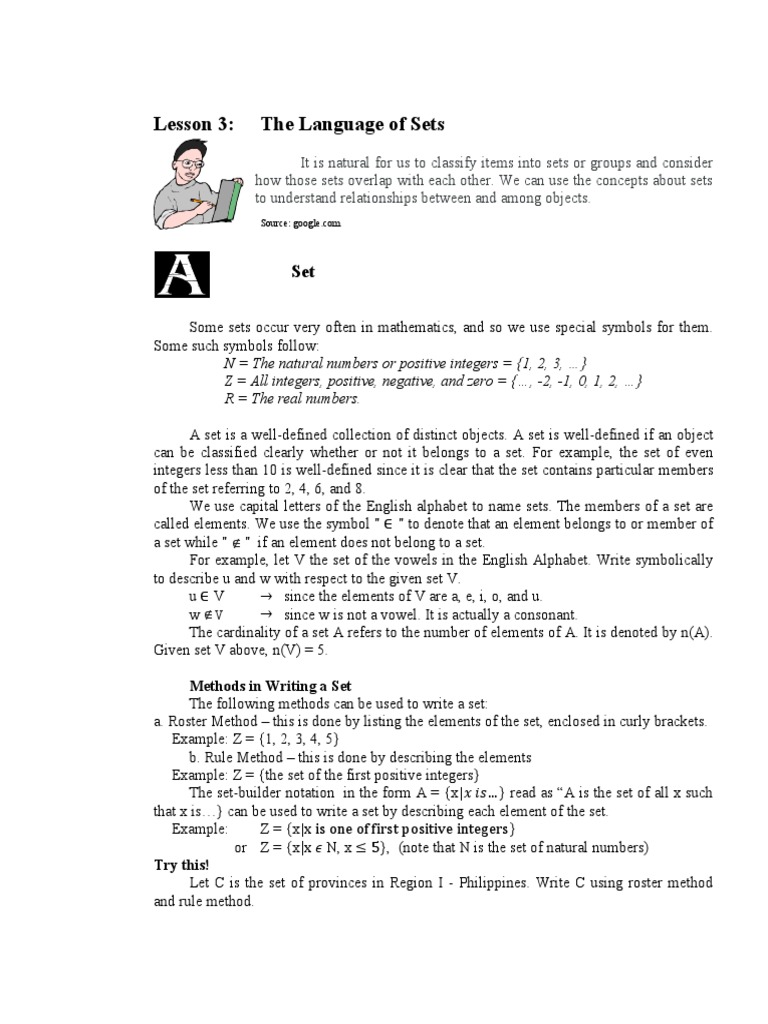 Lesson 3: The Language of Sets | PDF | Set (Mathematics) | Mathematical ...