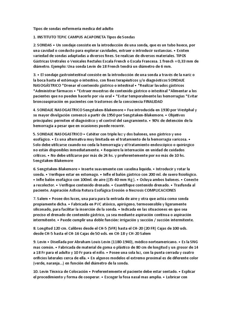 Tipos De Sondas Enfermería Medica Del Adulto Pdf Vejiga Urinaria