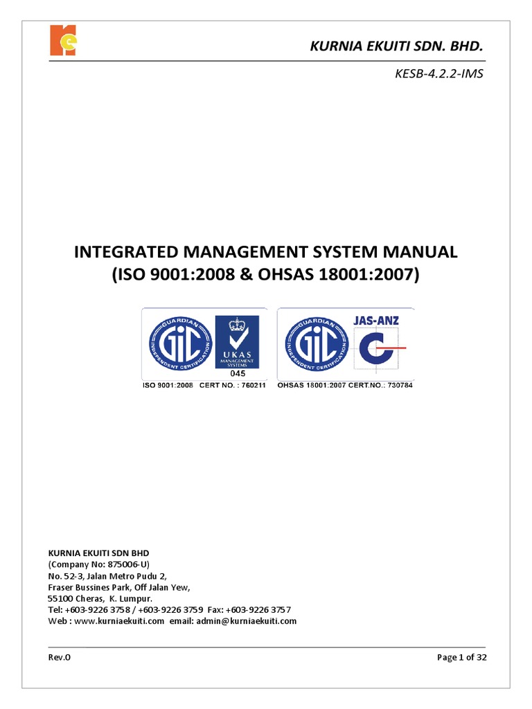 Integrated Management System Manual Iso 90012008 and Ohsas 180012007 ...