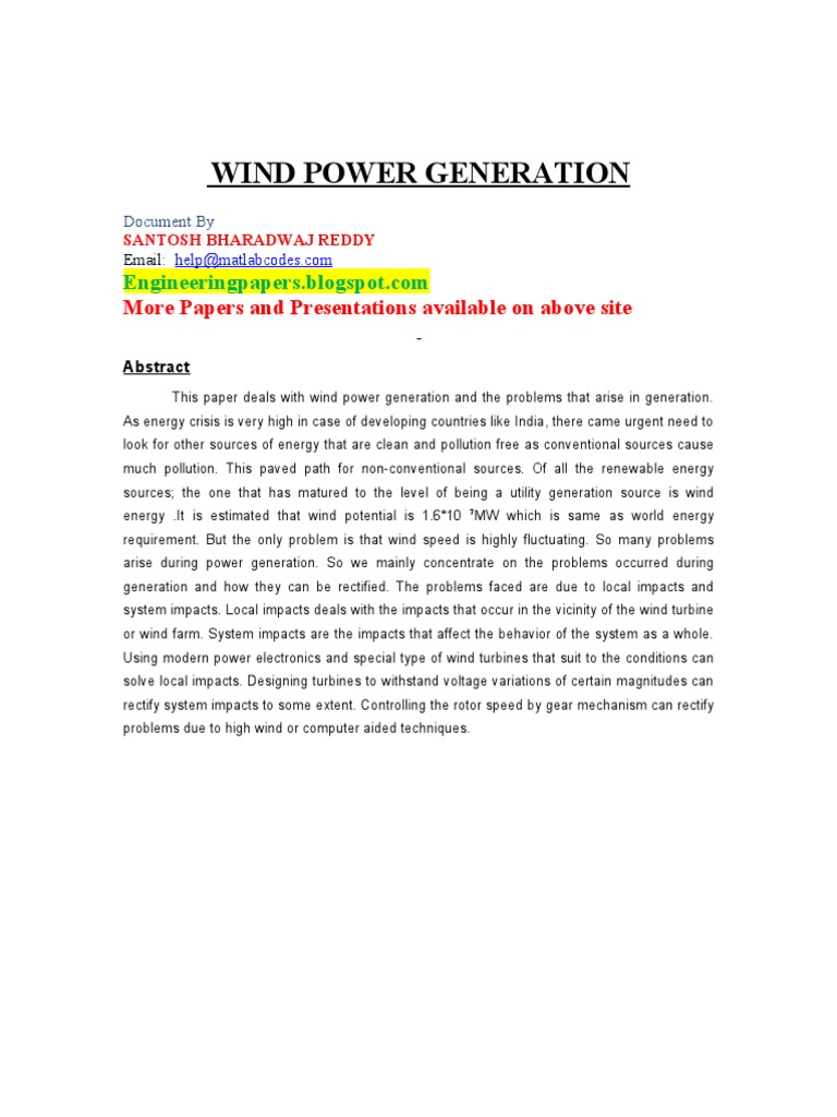Wind Power Generation: More Papers and Presentations Available On Above ...