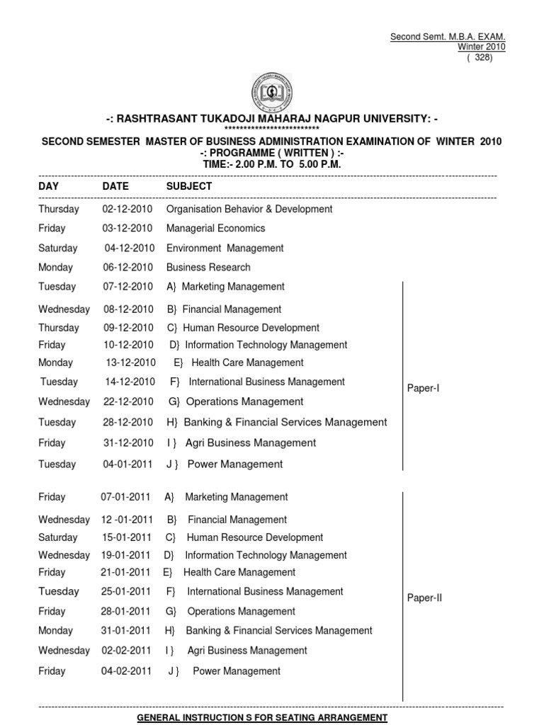 Mba Exam Time Table | PDF | Master Of Business Administration ...