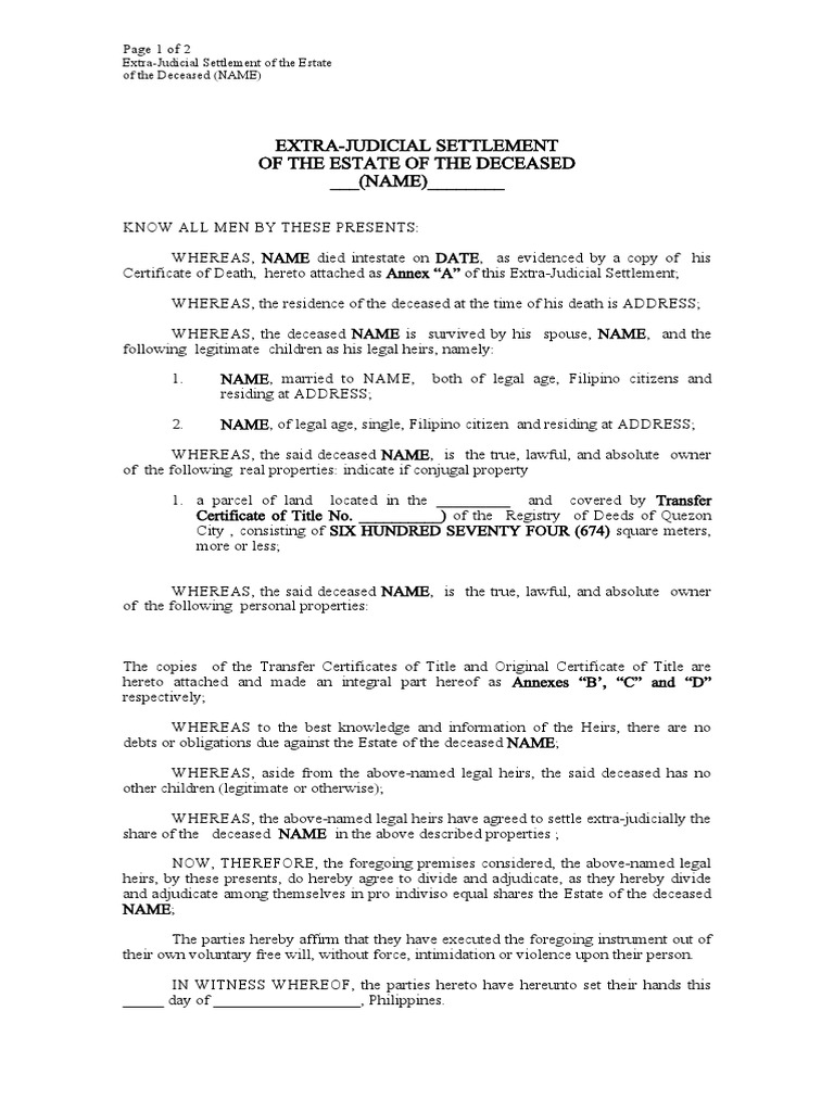 Extrajudicial Settlement of Estate Sample | PDF | Title (Property ...