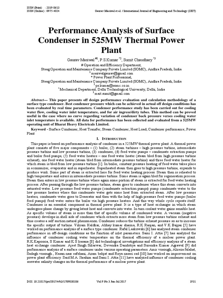 Performance Analysis of Surface Condenser in 525MW Thermal Power Plant ...
