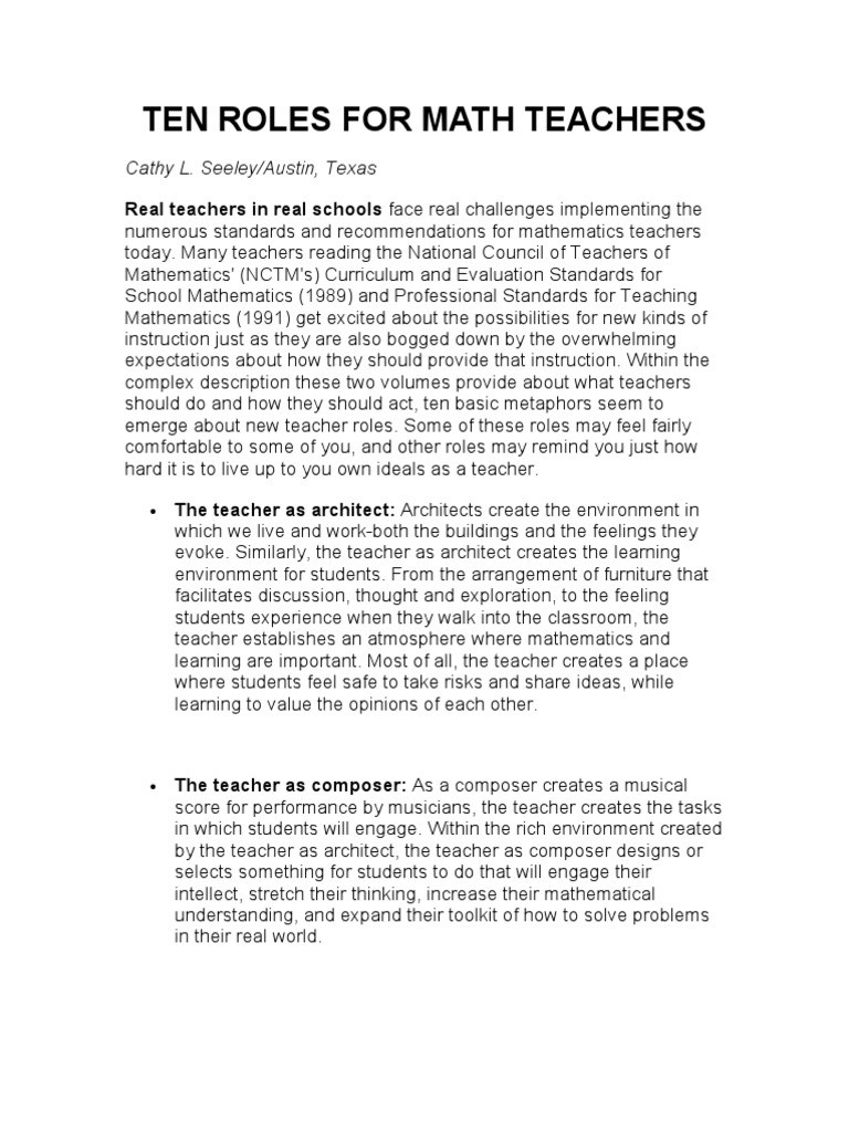 Ten Roles For Math Teachers | Download Free PDF | National Council Of ...