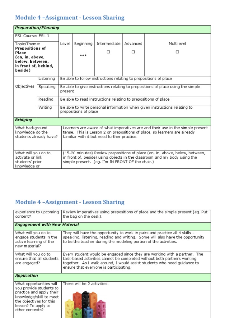 Prepositions of Place ESL Lesson Plan | PDF | Lesson Plan | Education ...