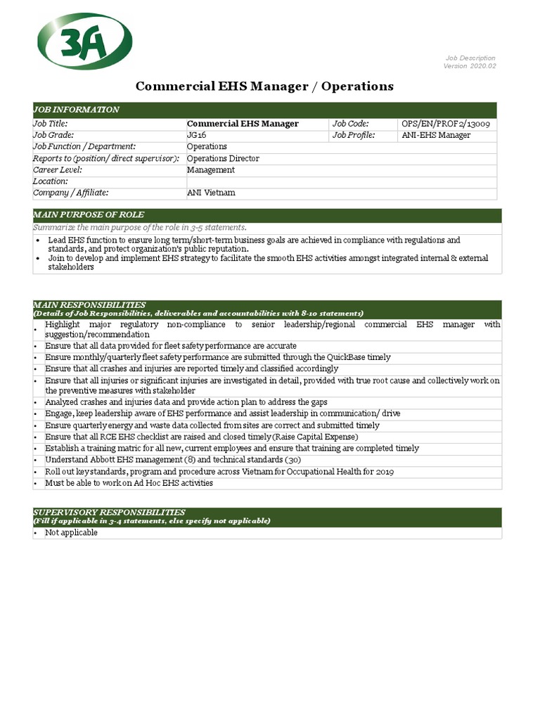 EHS Manager Job Description - 3A Nutrition | PDF | Competence (Human ...