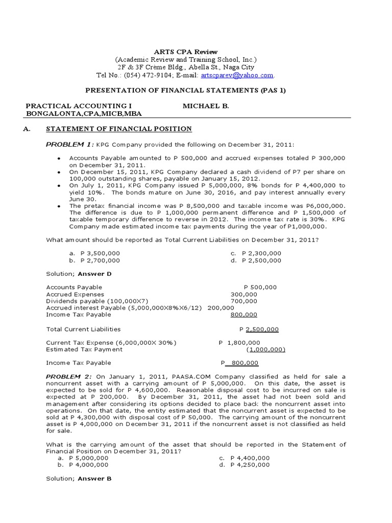 Presentation of FS With Ans | PDF | Cost Of Goods Sold | Equity (Finance)