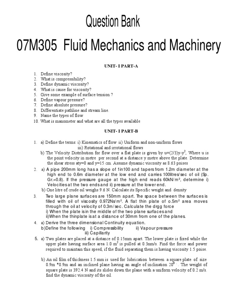 07M305 Fluid Mechanics and Machinery: Question Bank | PDF | Boundary Layer | Viscosity