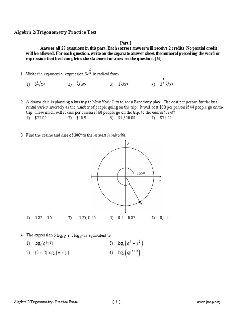Algebra 2/trigonometry - Practice Exam (1) | PDF | Trigonometric ...