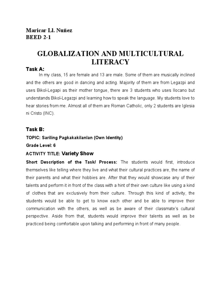 Task A and B Globalization and Multicultural Literacy | PDF