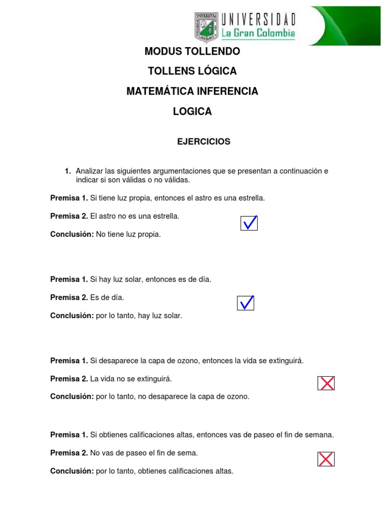 Ejercicios de Modus Tollendo Tollens | PDF | Razonamiento deductivo ...