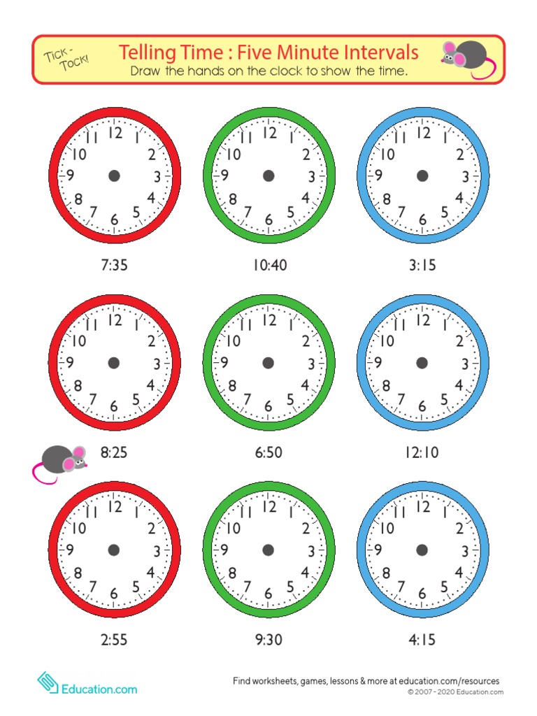 Telling Time: Five Minute Intervals: Draw The Hands On The Clock To ...
