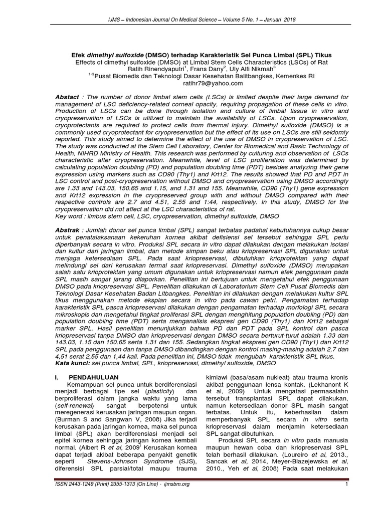 Efek Dimethyl Sulfoxide (DMSO) Terhadap Karakteristik Sel Punca Limbal (SPL) Tikus | PDF ...