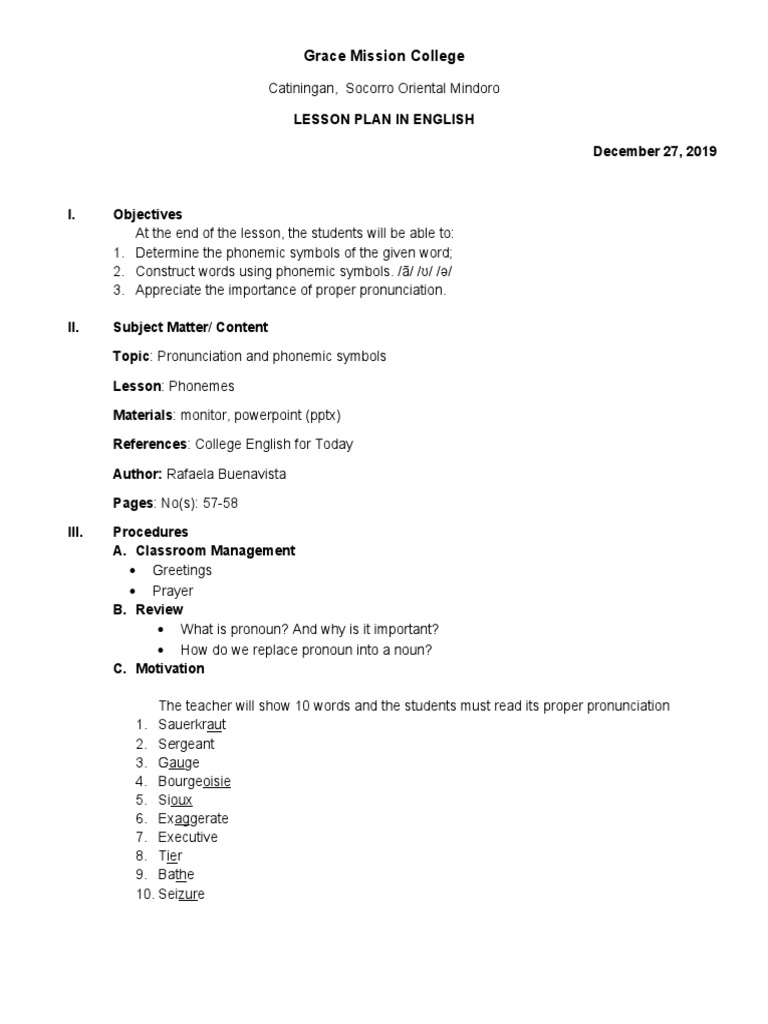 Lesson Plan | PDF | Phoneme | Word