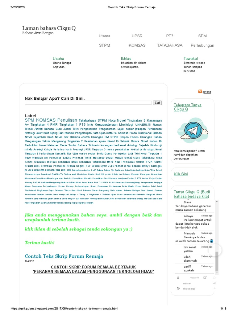 Contoh Teks Skrip Forum Remaja | PDF