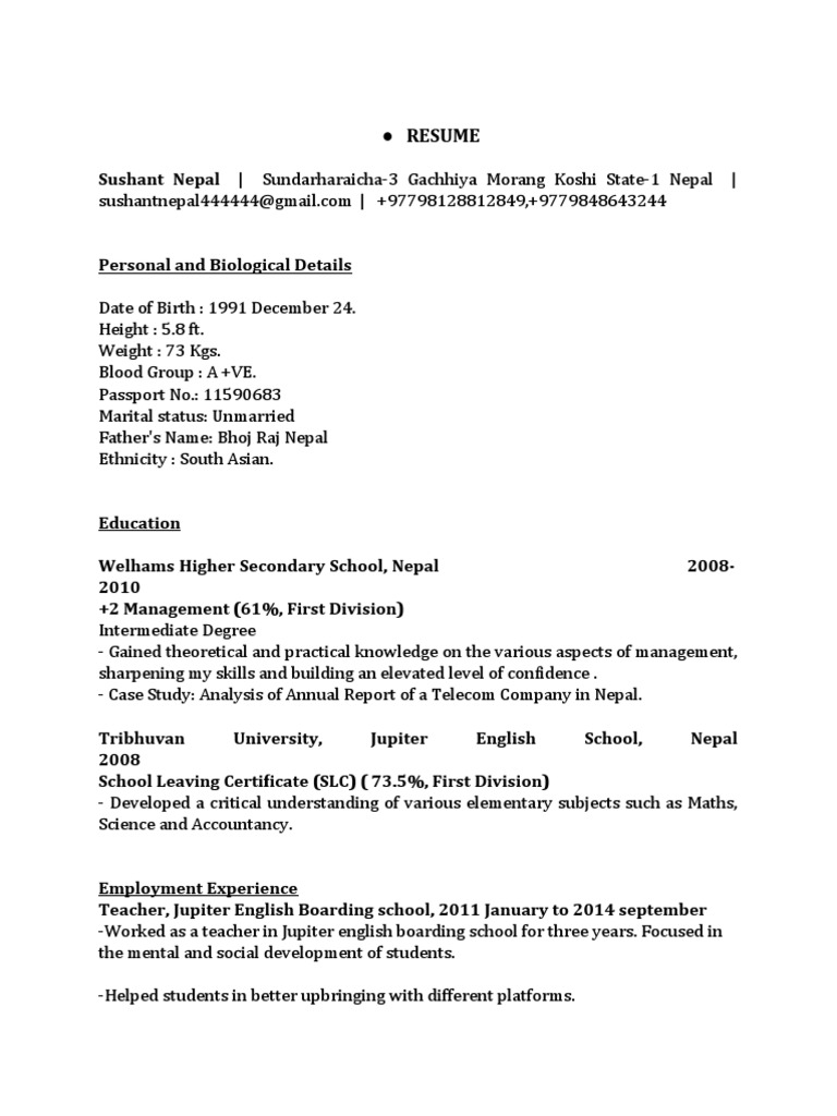 Resume Sample | Download Free PDF | Nepal | Teachers