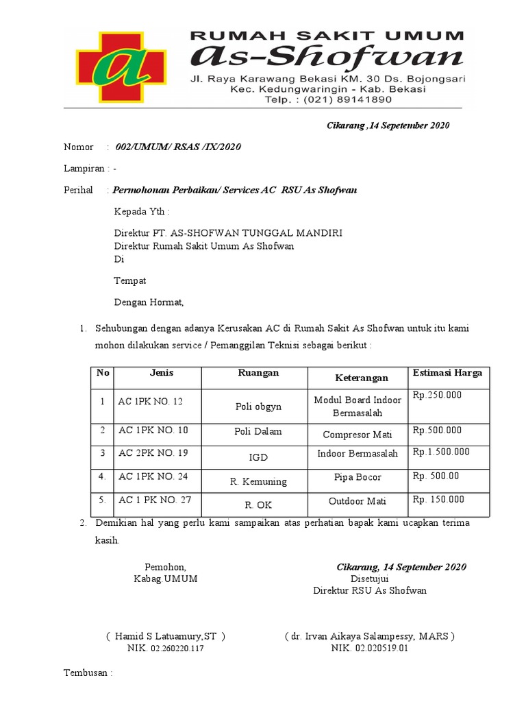 Surat Permohonan Perbaikan AC | PDF