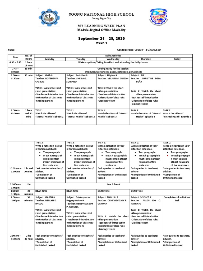 SAMPLE LEARNING TASK Week 1 | PDF