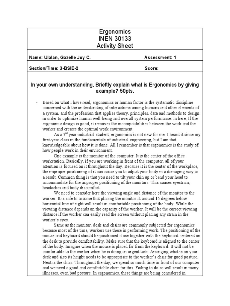 Ergonomics INEN 30133 Activity Sheet | PDF | Chair | Human Factors And ...