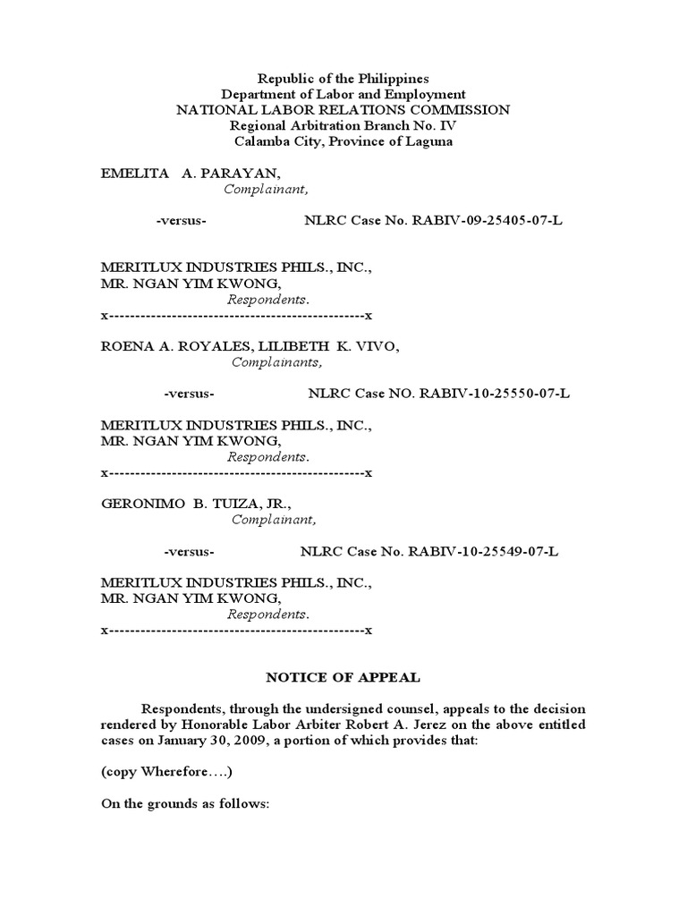 Memorandum of Appeal Parayan Et Al.,with NLRC | PDF | Complaint ...